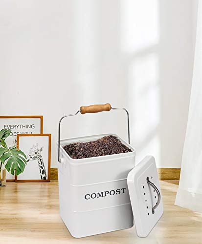 Xbopetda Stainless Steel Compost Bin for Kitchen Countertop,1 Gallon, includes Charcoal Filter,Compost Bucket Kitchen Pail Compost with Lid -White