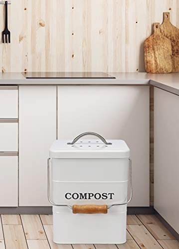 Xbopetda Stainless Steel Compost Bin for Kitchen Countertop,1 Gallon, includes Charcoal Filter,Compost Bucket Kitchen Pail Compost with Lid -White