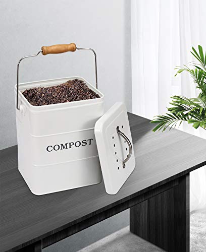 Xbopetda Stainless Steel Compost Bin for Kitchen Countertop,1 Gallon, includes Charcoal Filter,Compost Bucket Kitchen Pail Compost with Lid -White