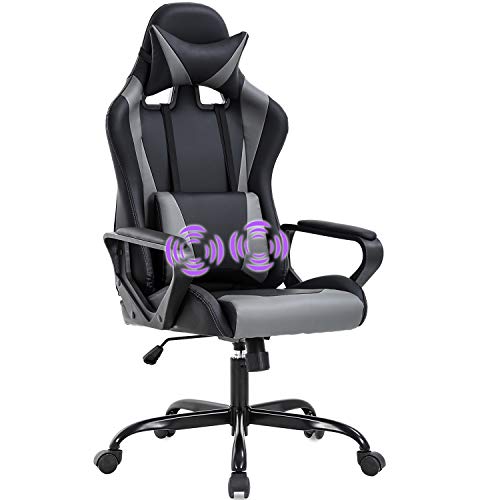 Gaming Chair Office Chair Desk Chair with Lumbar Support Arms Headrest High Back PU Leather Ergonomic Massage Racing Chair Rolling Swivel Executive Adjustable Computer Chair for Adults Girls(Grey)