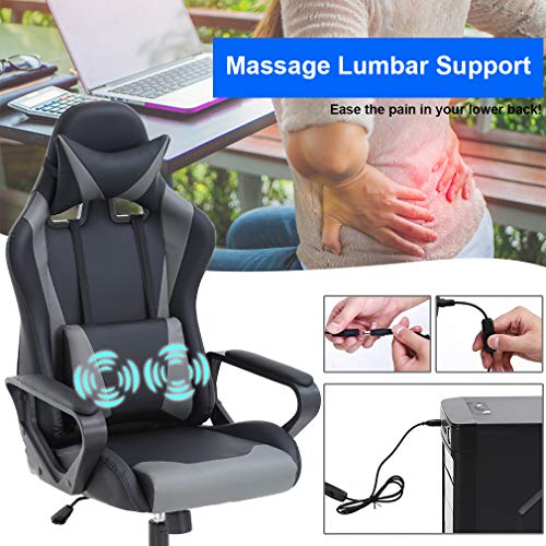 Gaming Chair Office Chair Desk Chair with Lumbar Support Arms Headrest High Back PU Leather Ergonomic Massage Racing Chair Rolling Swivel Executive Adjustable Computer Chair for Adults Girls(Grey)