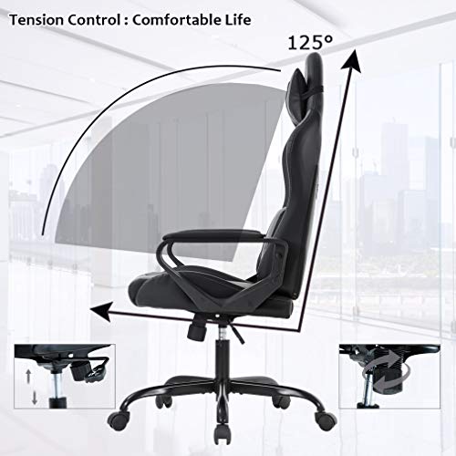 Gaming Chair Office Chair Desk Chair with Lumbar Support Arms Headrest High Back PU Leather Ergonomic Massage Racing Chair Rolling Swivel Executive Adjustable Computer Chair for Adults Girls(Grey)