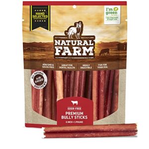 natural farm odor-free select bully sticks, (6-inch, 1-pound), hand selected for consistent thickness, 100% beef pizzle dog chews, fully digestible, high protein, best dental treats