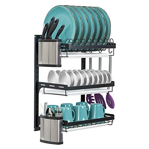 MYOYAY Dish Drying Rack Wall Mounted 3 Tier Hanging Dish Drainer Organizer Storage Shelf Drainer with Drainboard Chopsticks Knife Holder for Kitchen Sink