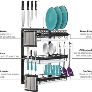 MYOYAY Dish Drying Rack Wall Mounted 3 Tier Hanging Dish Drainer Organizer Storage Shelf Drainer with Drainboard Chopsticks Knife Holder for Kitchen Sink