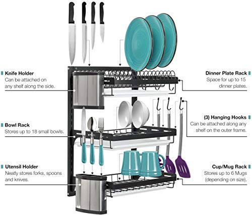 MYOYAY Dish Drying Rack Wall Mounted 3 Tier Hanging Dish Drainer Organizer Storage Shelf Drainer with Drainboard Chopsticks Knife Holder for Kitchen Sink