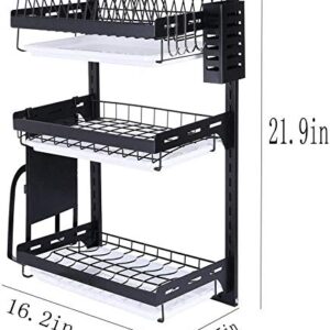 MYOYAY Dish Drying Rack Wall Mounted 3 Tier Hanging Dish Drainer Organizer Storage Shelf Drainer with Drainboard Chopsticks Knife Holder for Kitchen Sink