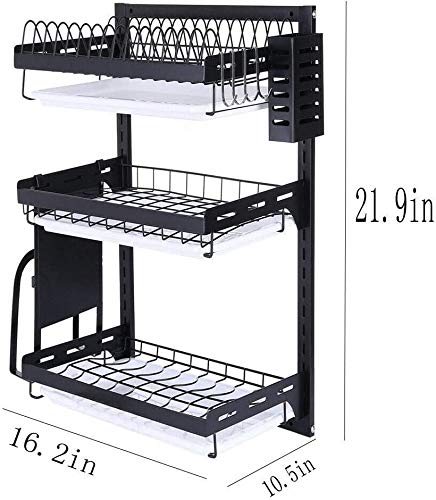 MYOYAY Dish Drying Rack Wall Mounted 3 Tier Hanging Dish Drainer Organizer Storage Shelf Drainer with Drainboard Chopsticks Knife Holder for Kitchen Sink