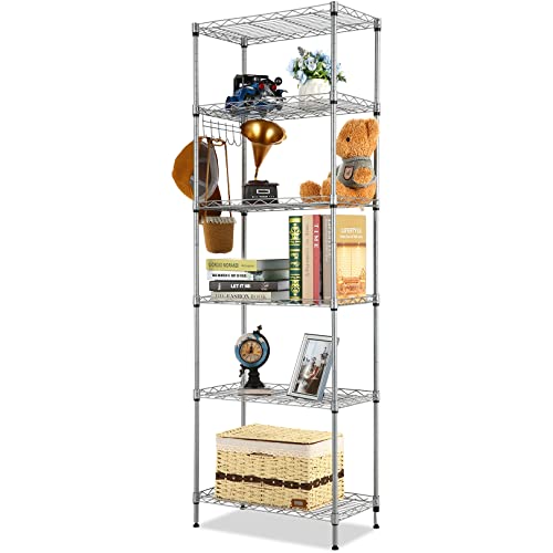 BATHWA 6-Shelf Wire Shelving Units, Heavy Duty Metal Shelf Wire Rack with Leveling Feet, Adjustable Utility Storage Shelves for Garage, Kitchen, Living Room, Bathroom, 21.26L x 11.42W x 62.99H