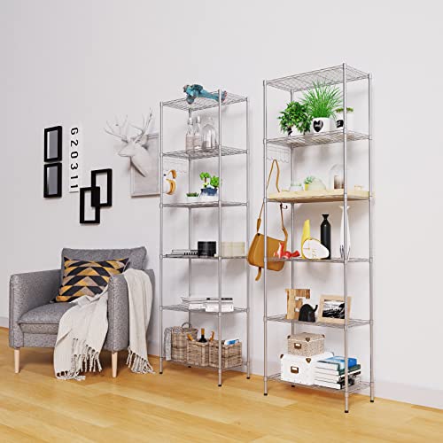 BATHWA 6-Shelf Wire Shelving Units, Heavy Duty Metal Shelf Wire Rack with Leveling Feet, Adjustable Utility Storage Shelves for Garage, Kitchen, Living Room, Bathroom, 21.26L x 11.42W x 62.99H