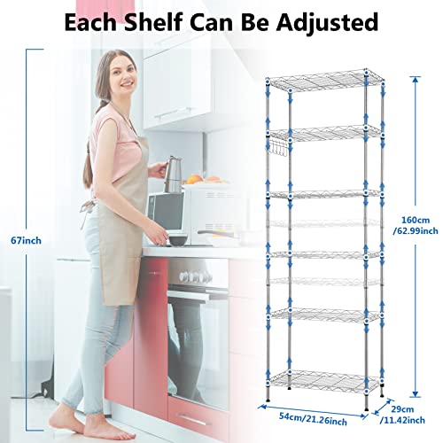 BATHWA 6-Shelf Wire Shelving Units, Heavy Duty Metal Shelf Wire Rack with Leveling Feet, Adjustable Utility Storage Shelves for Garage, Kitchen, Living Room, Bathroom, 21.26L x 11.42W x 62.99H