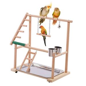 bird play stand parrots playground wooden stick perch，bird playpen exercise gym with ladder feeder cup bell swing，parrot play climb gym for parakeet cockatiel conure(include a tray)