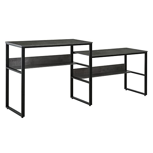 HOMCOM 86.5 Inch Two Person Desk Double Computer Table Writing Desk with Open Shelves Long Storage Workstation for Home Office Black and Grey