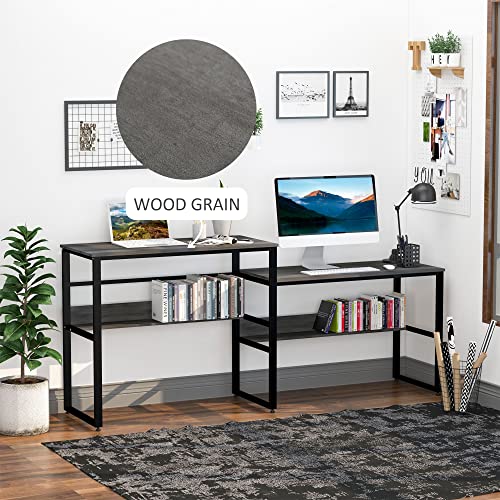 HOMCOM 86.5 Inch Two Person Desk Double Computer Table Writing Desk with Open Shelves Long Storage Workstation for Home Office Black and Grey