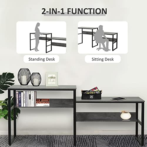 HOMCOM 86.5 Inch Two Person Desk Double Computer Table Writing Desk with Open Shelves Long Storage Workstation for Home Office Black and Grey