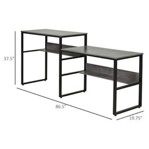 HOMCOM 86.5 Inch Two Person Desk Double Computer Table Writing Desk with Open Shelves Long Storage Workstation for Home Office Black and Grey