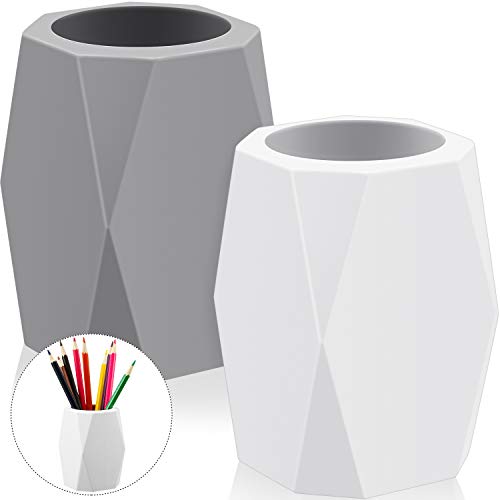 Zonon 2 Pieces Silicone Pencil Holder, Pencil Cups for Desk, silicone Pencil Cups Holder, Geometric Pencil Holder Makeup Brush Holder Creative Design for Office Home (White, Gray)