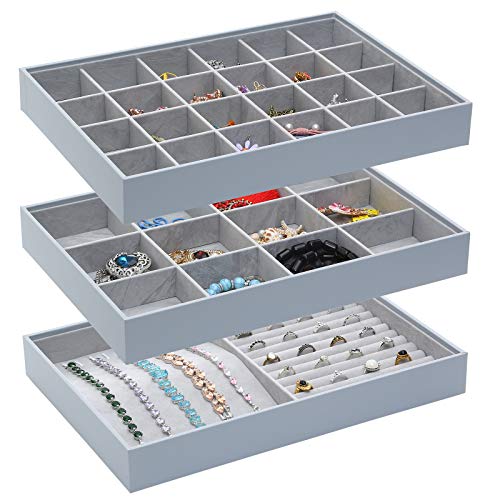 ORIGIA Stackable Jewelry Organizer Trays Accessories Storage Box for Drawer Dresser Wardrobe, Gadgets Display Showcase, Set of 3