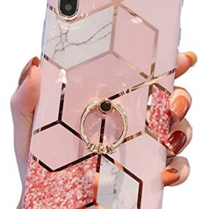 Qokey iPhone Xs Case,iPhone X Case Marble Cute Fashion for Women Girls Men with 360 Degree Rotating Ring Kickstand Soft TPU Shockproof Cover Designed for iPhone X/XS 5.8" Bling Pink Marble