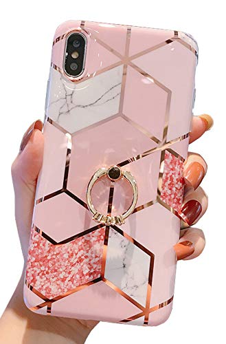 Qokey iPhone Xs Case,iPhone X Case Marble Cute Fashion for Women Girls Men with 360 Degree Rotating Ring Kickstand Soft TPU Shockproof Cover Designed for iPhone X/XS 5.8" Bling Pink Marble