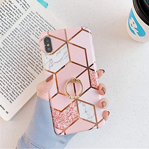 Qokey iPhone Xs Case,iPhone X Case Marble Cute Fashion for Women Girls Men with 360 Degree Rotating Ring Kickstand Soft TPU Shockproof Cover Designed for iPhone X/XS 5.8" Bling Pink Marble