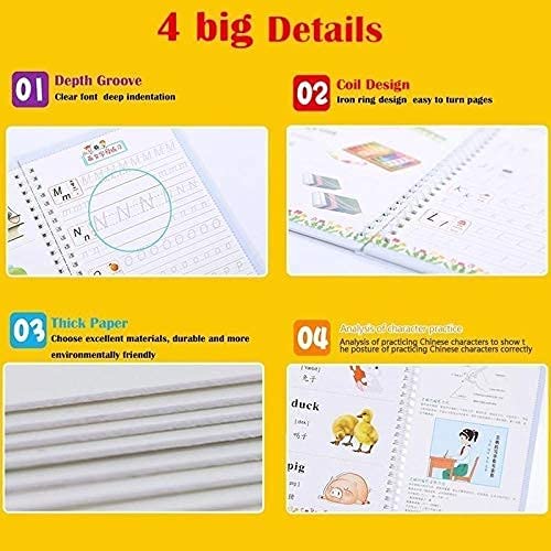 Magical Handwriting Workbooks Practice Copybook, Magic Calligraphy That Can Be Reused Handwriting Copybook Tracing Book (4books+Pens