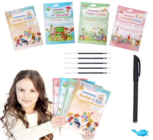 Magical Handwriting Workbooks Practice Copybook, Magic Calligraphy That Can Be Reused Handwriting Copybook Tracing Book (4books+Pens