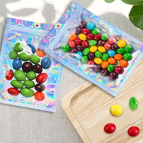 200pcs 3"X 4" (storage size 2.6X2.6 '') Smell Proof Resealable Mylar Bags Food Storage Holographic Bags Foil Pouch Double-Sided Zipper lock Bag