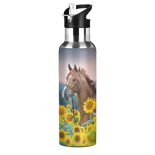 ALAZA Sunflower Horse Water Bottle with Straw Lid Kids Vacuum Insulated Stainless Steel BPA Free Water Flask Thermo Mug Sport, 20 Oz Hot Cold