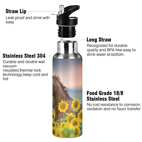 ALAZA Sunflower Horse Water Bottle with Straw Lid Kids Vacuum Insulated Stainless Steel BPA Free Water Flask Thermo Mug Sport, 20 Oz Hot Cold