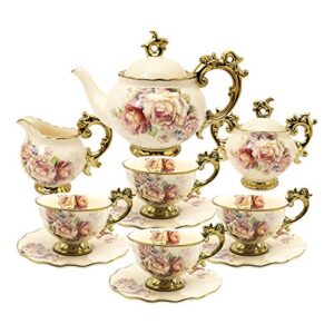 fanquare 15 pieces british porcelain tea set, floral vintage china coffee set, wedding tea service for adult, big tea cup