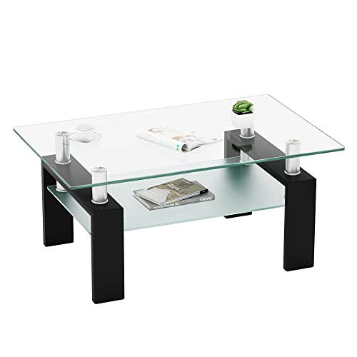 IANIYA Coffee Table with Metal Tube Legs, Glass and Rectangle End Table for Livingroom (Black)