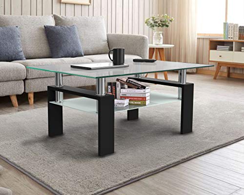 IANIYA Coffee Table with Metal Tube Legs, Glass and Rectangle End Table for Livingroom (Black)