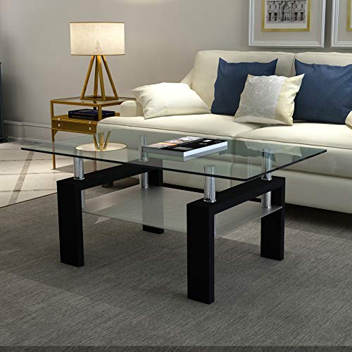 IANIYA Coffee Table with Metal Tube Legs, Glass and Rectangle End Table for Livingroom (Black)