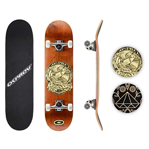 Osprey Skateboards for Beginners | 31 x 8 Inch Adult Skateboard with 7 Layer Canadian Maple Deck, Double Kick Concave Skateboard for Riding and Tricks, Multiple Designs