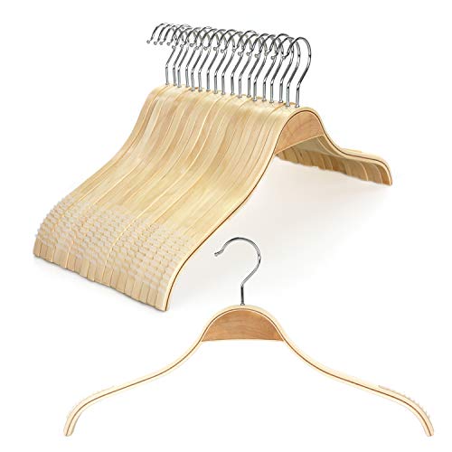 TOPIA HANGER Slim Natural Wood Hangers with Extra Soft Non-Slip Rubber Grips, 18-Pack High-Grade Fashion Hanger No Shoulder Bump for Sweater, Camisole, Jacket, Dress, Coat -CT16N