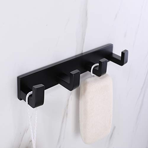 Bathroom Towel Hook SUS 304 Stainless Steel Matte Black Towel Robe Coat Rack/Rail with 4 Heavy Duty Hooks Rustproof and Waterproof for Home Storage Organization for Hallway, Foyer Wall Mounted