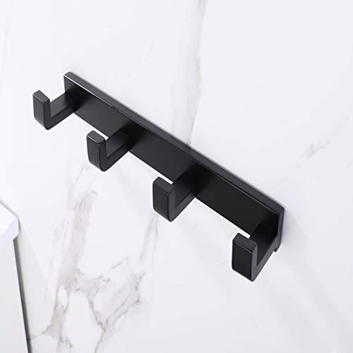 Bathroom Towel Hook SUS 304 Stainless Steel Matte Black Towel Robe Coat Rack/Rail with 4 Heavy Duty Hooks Rustproof and Waterproof for Home Storage Organization for Hallway, Foyer Wall Mounted