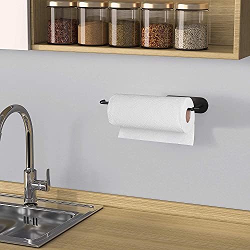 VAEHOLD Self Adhesive Paper Towel Holder Under Cabinet Mount, Wall Mounted Paper Towel Roll Holder for Kitchen, Bathroom, Wall - SUS304 Stainless Steel (Black)