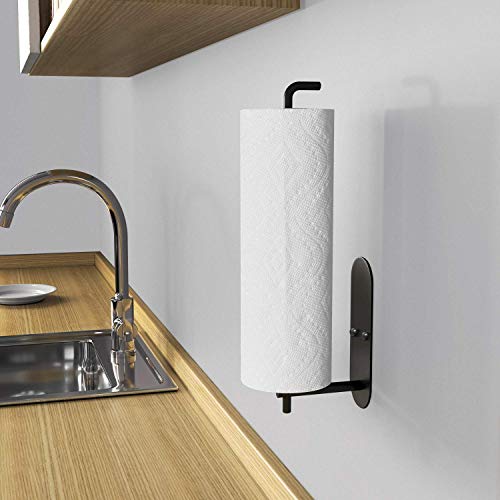 VAEHOLD Self Adhesive Paper Towel Holder Under Cabinet Mount, Wall Mounted Paper Towel Roll Holder for Kitchen, Bathroom, Wall - SUS304 Stainless Steel (Black)