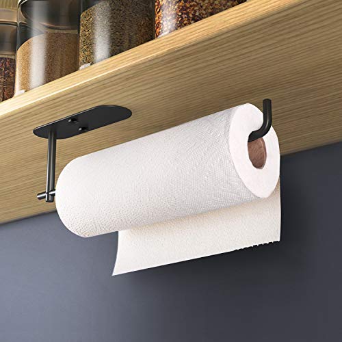 VAEHOLD Self Adhesive Paper Towel Holder Under Cabinet Mount, Wall Mounted Paper Towel Roll Holder for Kitchen, Bathroom, Wall - SUS304 Stainless Steel (Black)