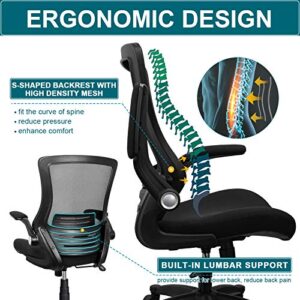 Funria Mesh Desk Chair with Wheels Black Mesh Office Chair with Flip Up Arms Mesh Back Home Office Desk Chair with Good Lumbar Support Height Adjustable Office Task Chairs Clearance