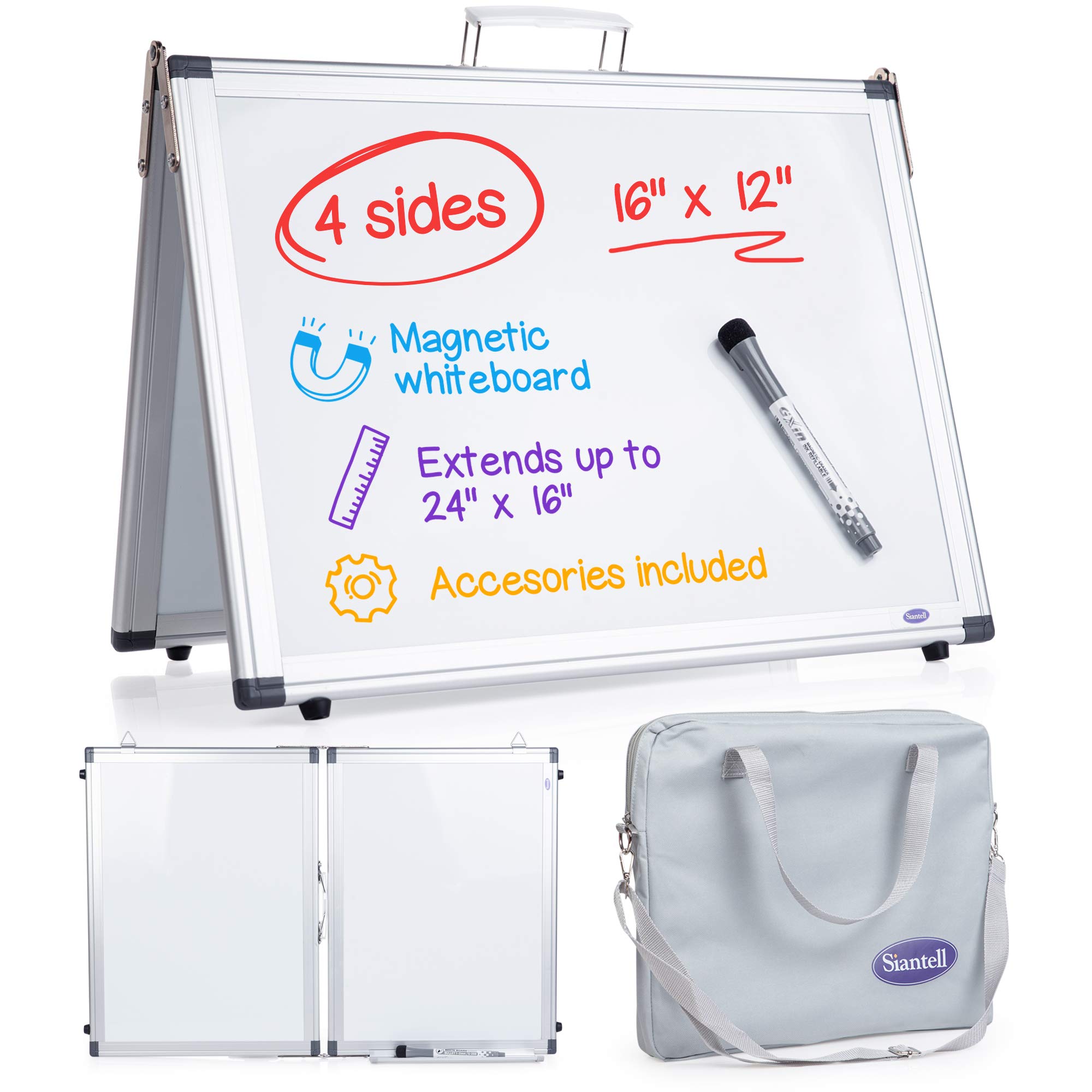 Small Dry Erase White Board – Magnetic Desktop Whiteboard - 16x12 inch 4 Sides Portable Whiteboard for Kids - Tabletop Mini Easel with Cover Bag for Office Desk, Students, Teachers