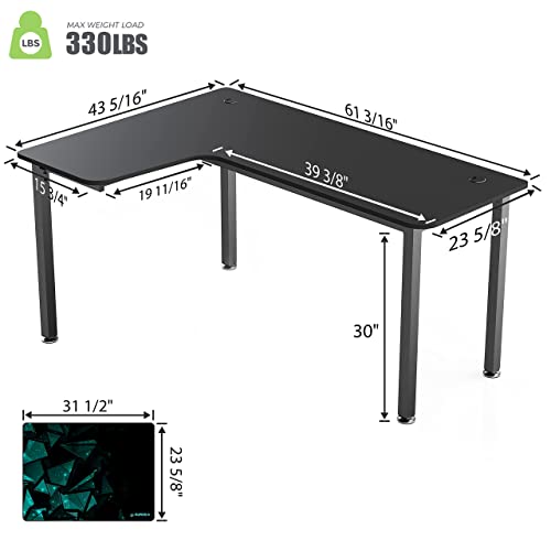 It's_Organized L Shaped Computer Desk, 60 Inch Corner Gaming Desk, Study Writing Desk, Modern Gaming Table Workstation with Large Mouse Pad, Sturdy Metal Frame, Easy to Assemble, Left Side Black