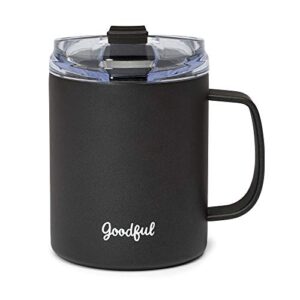 goodful travel mug, stainless steel insulated, double wall vacuum sealed coffee cup with leak proof lid, 14 ounce, gray