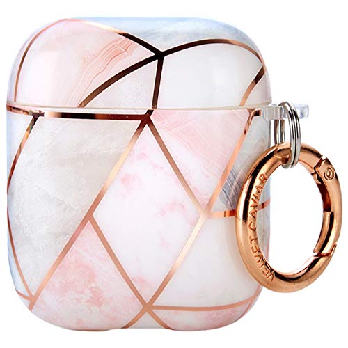 Velvet Caviar Marble AirPod Case for Women & Girls with Keychain - Cute Protective Hard Cases Compatible with Apple Airpods 1/2 (Pink Rose Gold Geometric)