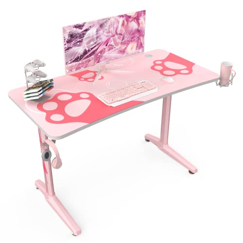 It's_Organized Pink Gaming Desk,47 inch Home Study Desk, Sturdy T-Shaped with Cup Holder Headphone Hook Controller Stand, Pink Desk Gift for Girl