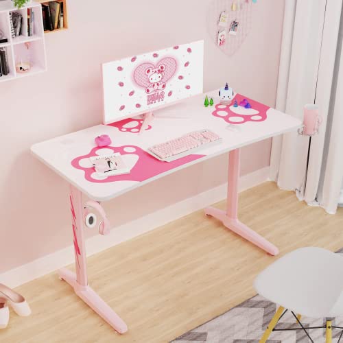 It's_Organized Pink Gaming Desk,47 inch Home Study Desk, Sturdy T-Shaped with Cup Holder Headphone Hook Controller Stand, Pink Desk Gift for Girl