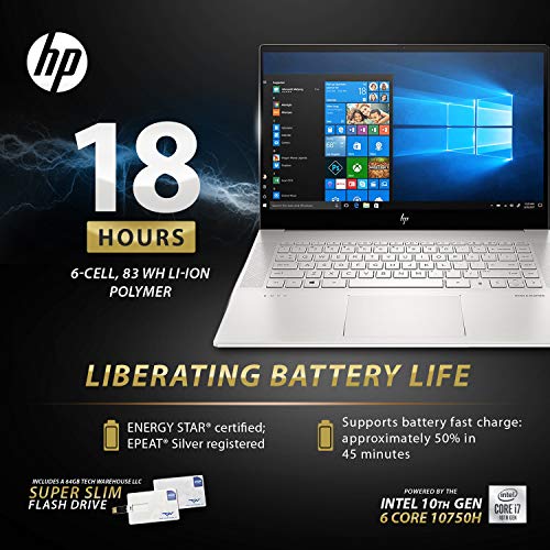 HP Envy 15T 2020 i7-10750H 10th Gen Hexacore CPU,16GB RAM,1TB SSD, GTX 1650Ti 4GB Nvidia Graphics,Wi-Fi 6,Win 10 Pro, USB C, HDMI, 15.6" FHD Non-Touch Version, Silver, 64GB Tech Warehouse Flash Drive