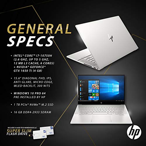 HP Envy 15T 2020 i7-10750H 10th Gen Hexacore CPU,16GB RAM,1TB SSD, GTX 1650Ti 4GB Nvidia Graphics,Wi-Fi 6,Win 10 Pro, USB C, HDMI, 15.6" FHD Non-Touch Version, Silver, 64GB Tech Warehouse Flash Drive